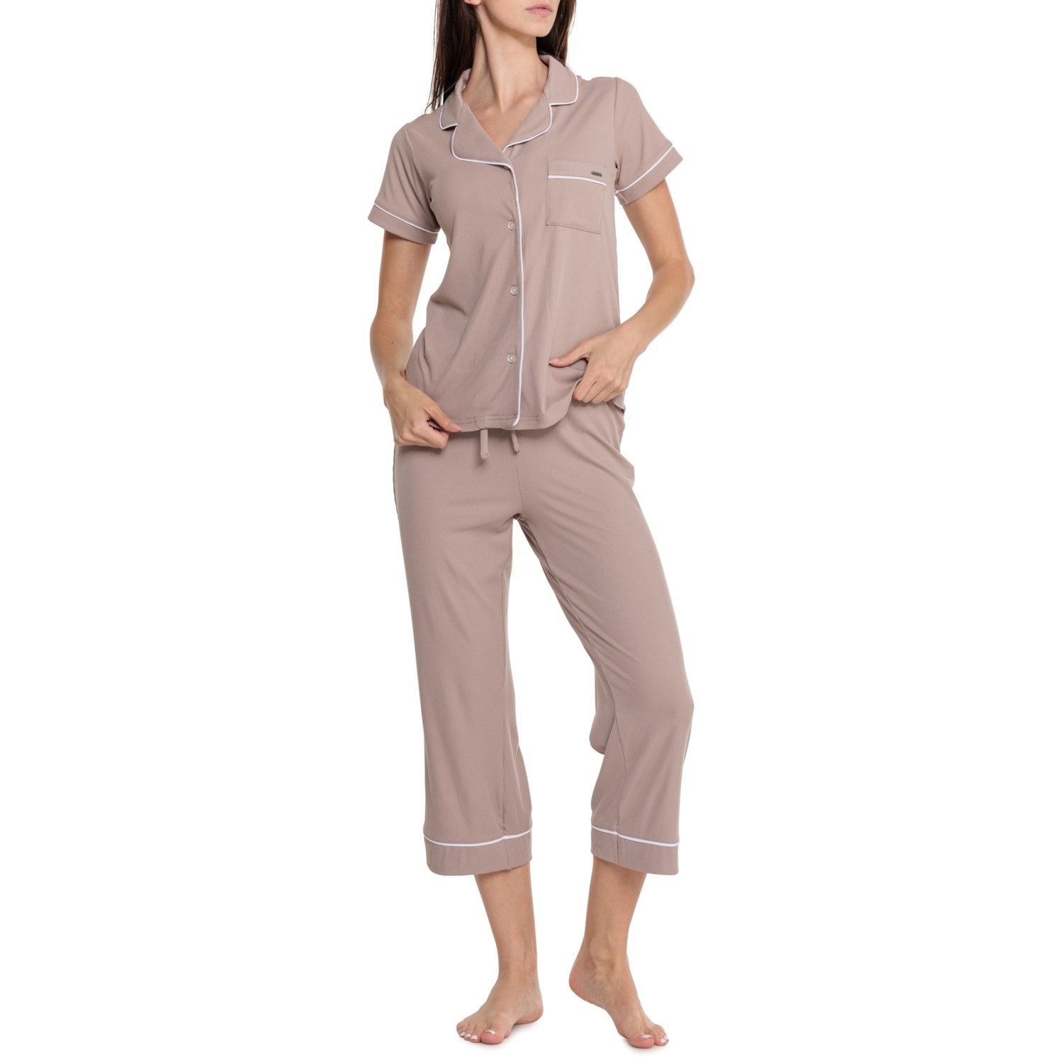 Bearpaw 2x2 Rib Notched Collar Pajamas - Short Sleeve - Save 51%
