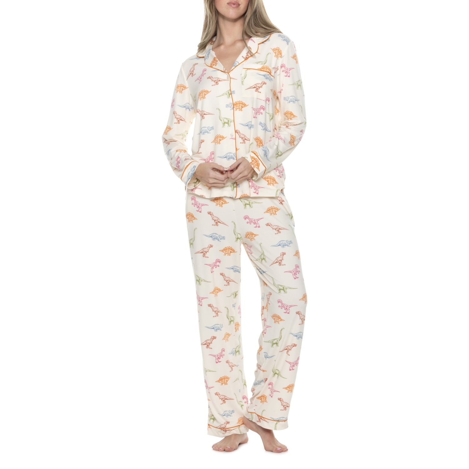 Chelsea Peers Jersey Dinosaurs Print Notch Collar Pajamas - Long Sleeve ...