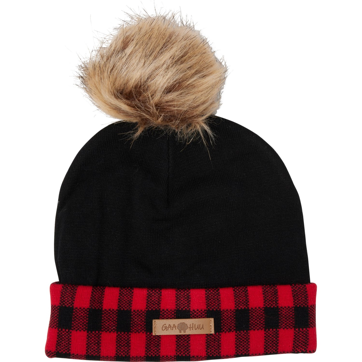 Gaahuu Supersoft Buffalo Check Cuff Beanie with Faux-Fur Pom (For Women ...