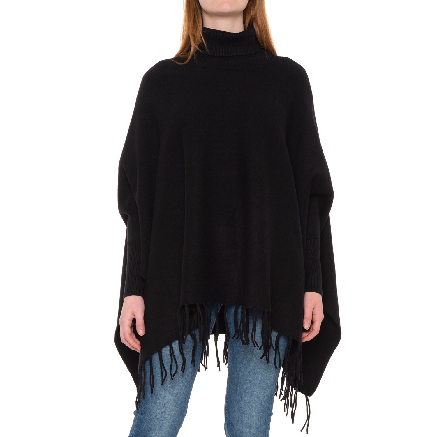 House of Harlow Double-Knit Turtleneck Fringed Poncho Sweater (For ...