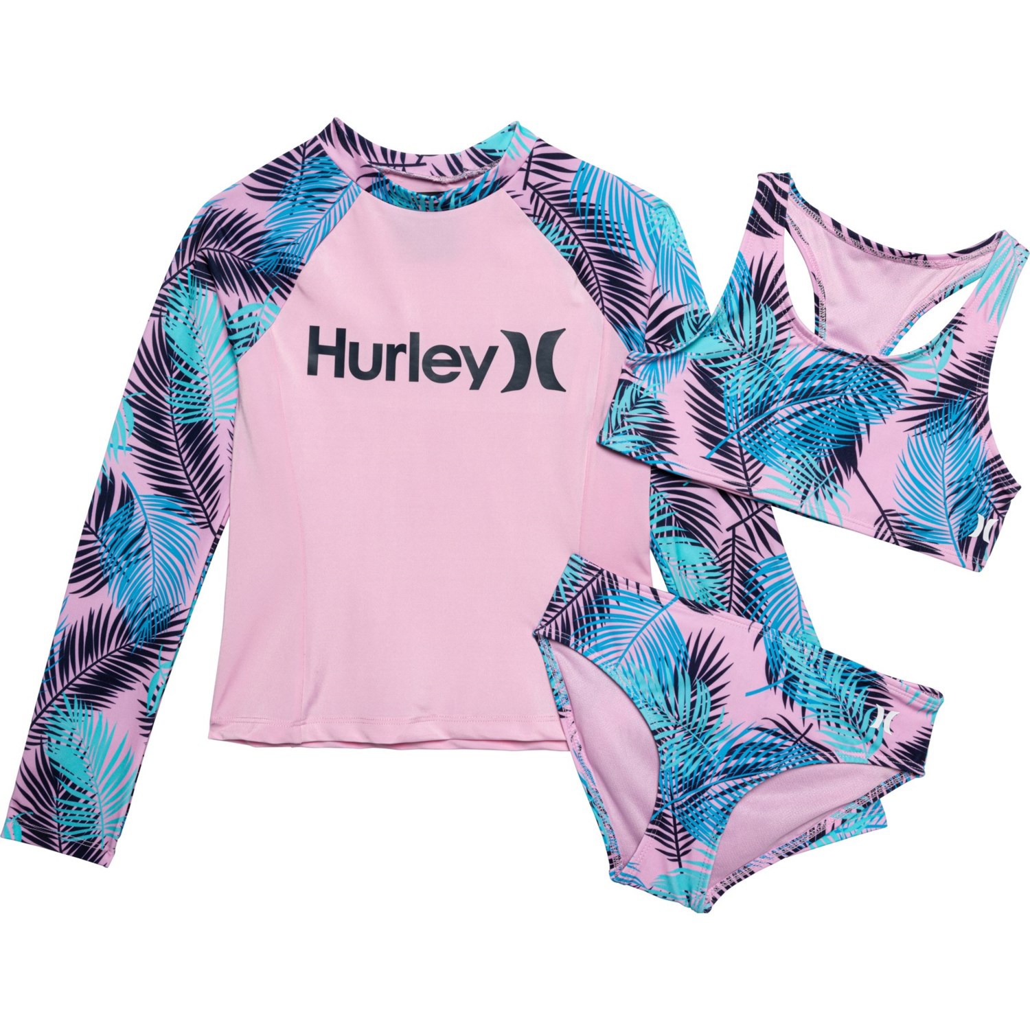 Hurley Little Girls Rash Guard and Bikini Set - UPF 50+, Long Sleeve ...