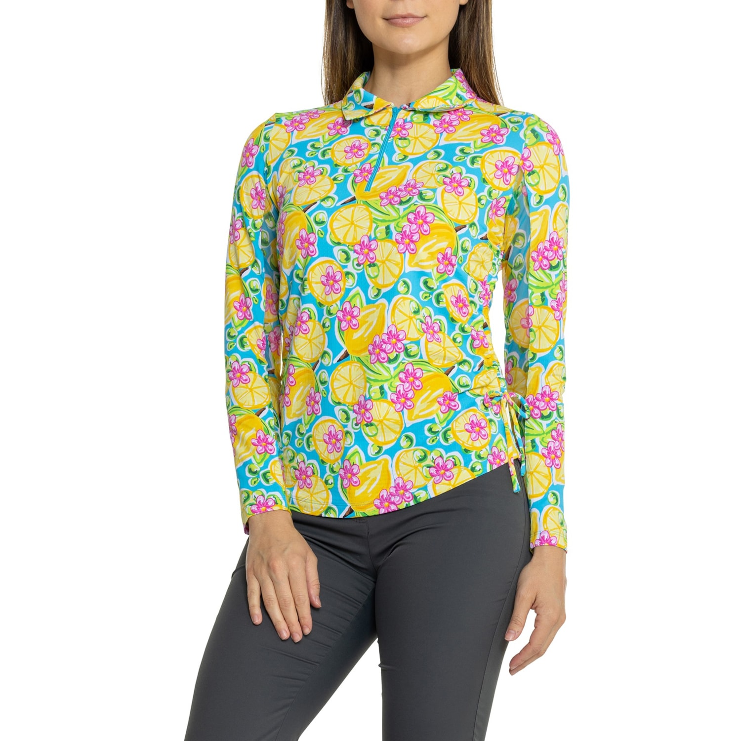IBKUL Floral Lemon Adjustable Length Polo Shirt - UPF 50+, Zip Neck ...