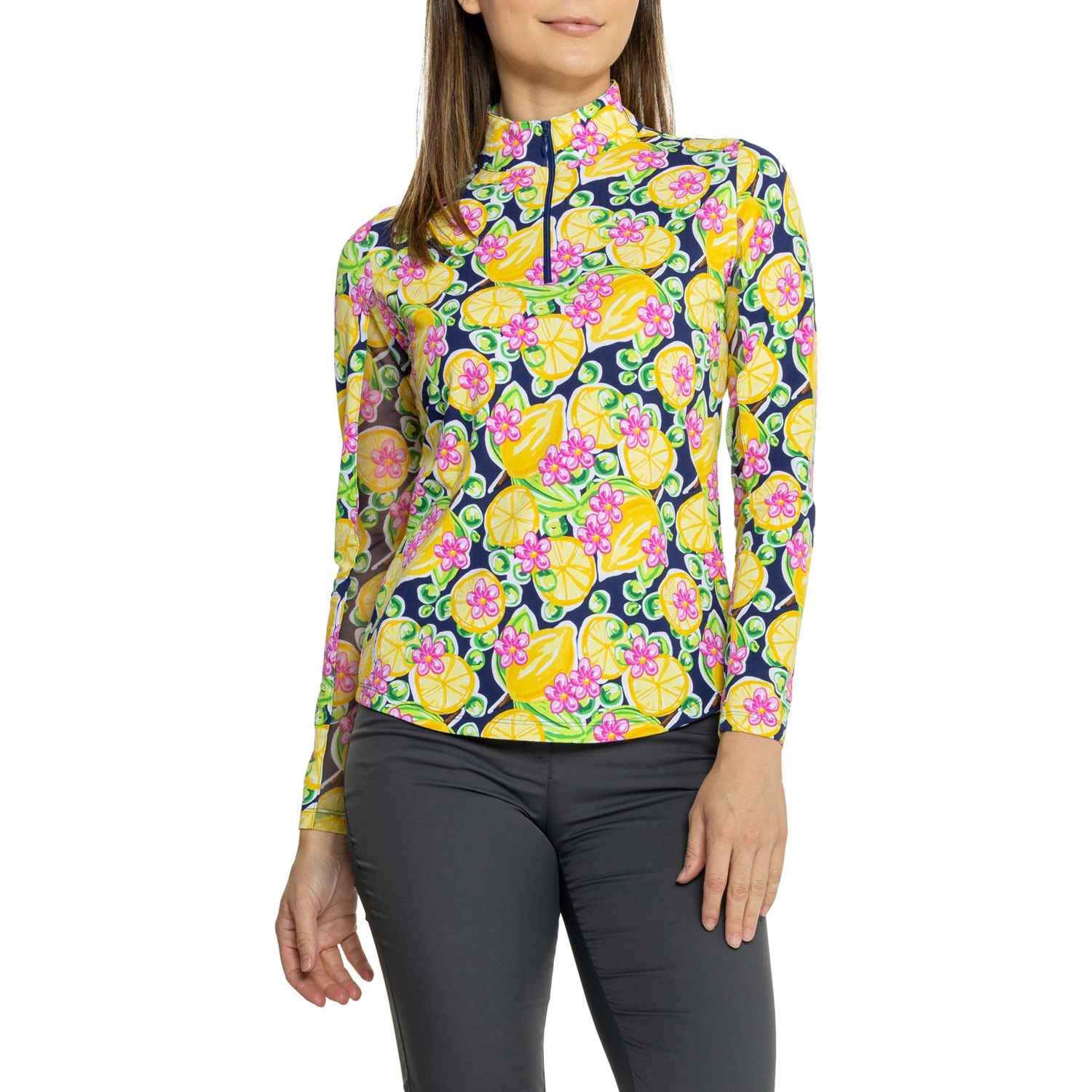 IBKUL Lemon Floral Print Shirt - UPF 50+, Zip Neck, Long Sleeve - Save 44%