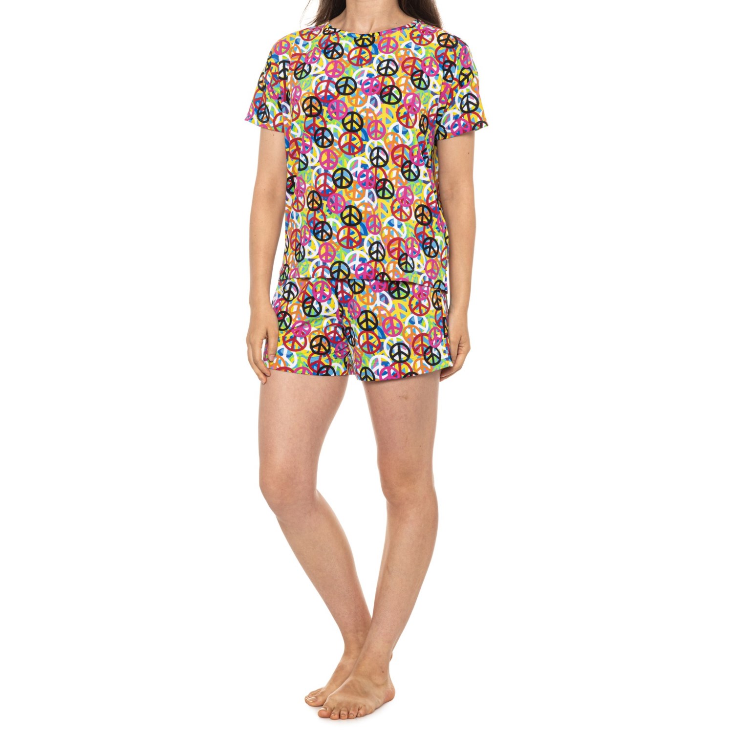 IBKUL Peace Sign Printed Shorts Pajamas - UPF 50+, Short Sleeve - Save 50%