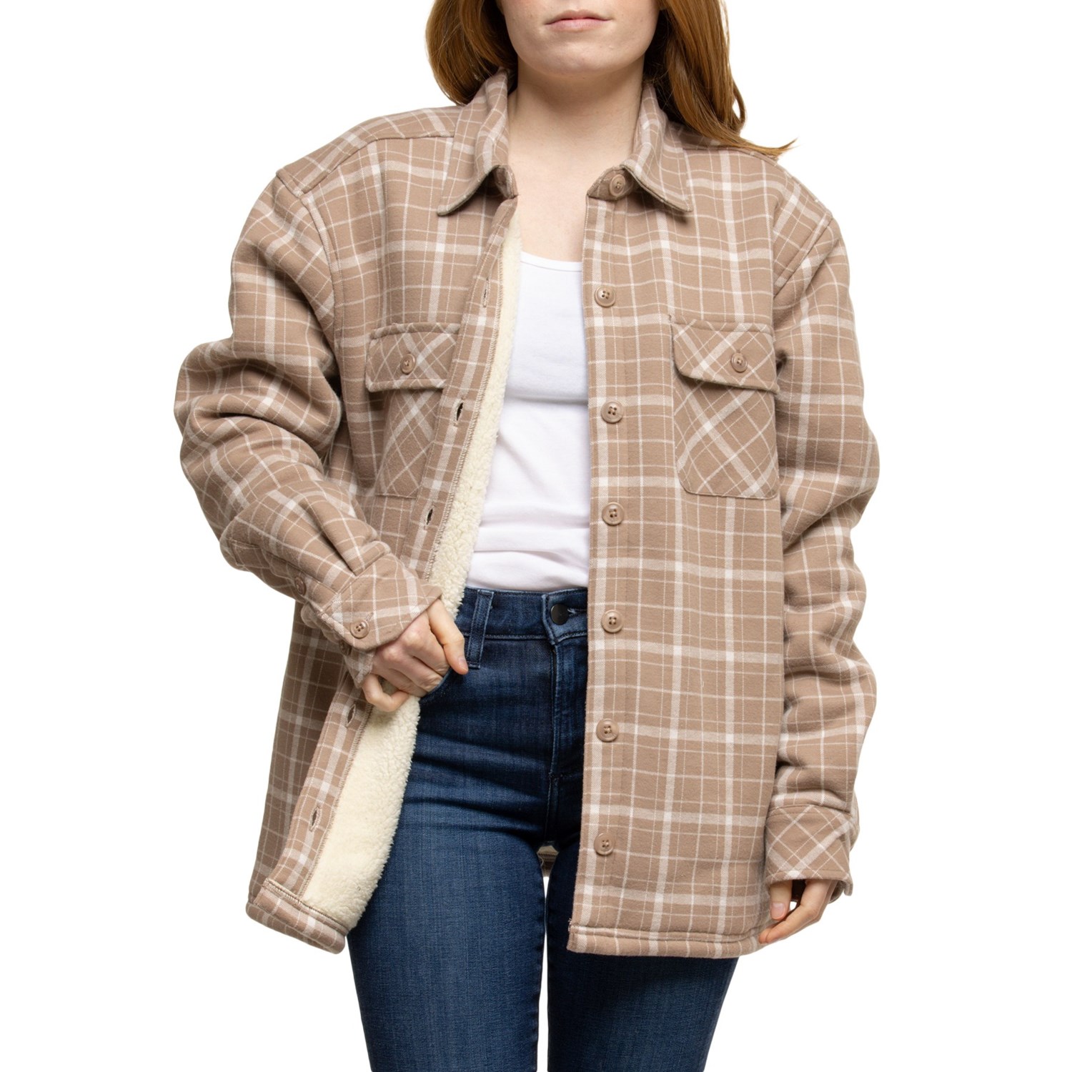 Lands' End Knit Flannel Shirt Jacket - Sherpa Fleece Lining
