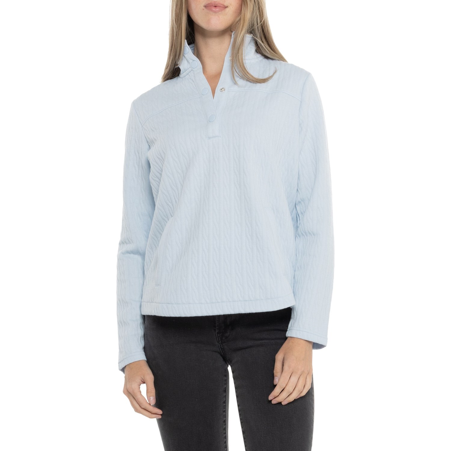 Lands' End Quilted Cable-Knit Shirt - Snap Neck, Long Sleeve