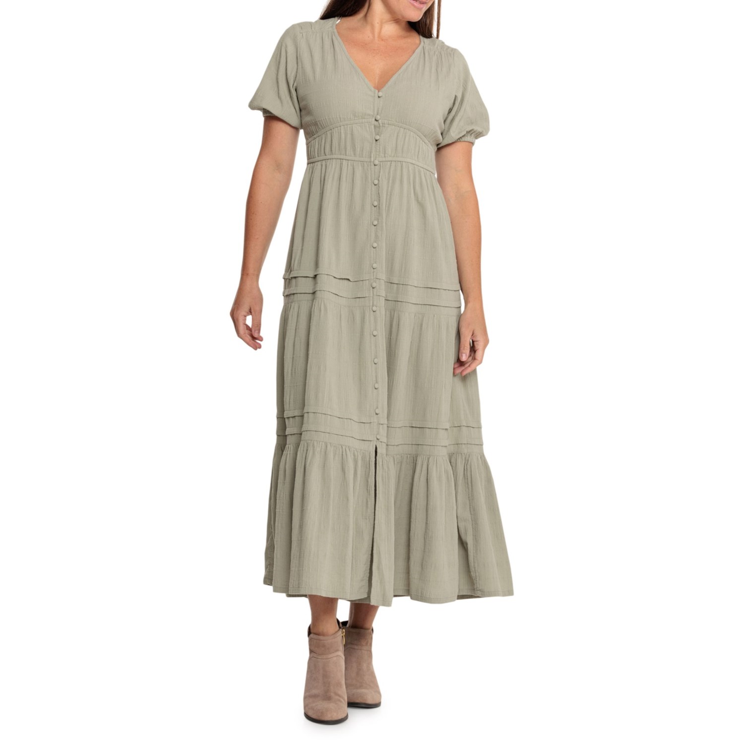 Lucky Brand V-Neck Tiered Maxi Dress - Short Sleeve