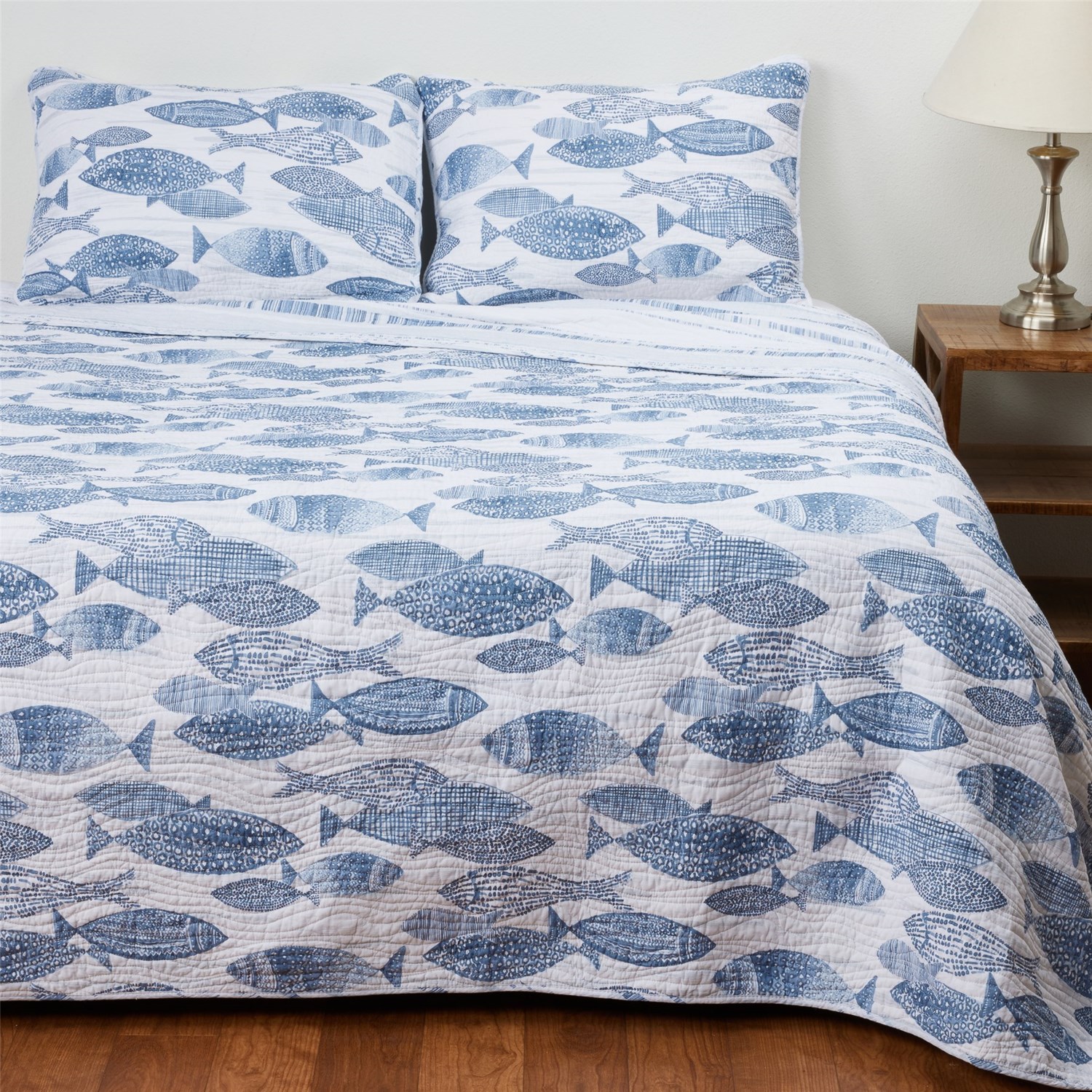 Nicole Miller Home Full-Queen Textured Fish Cotton Quilt Set - Chambray ...