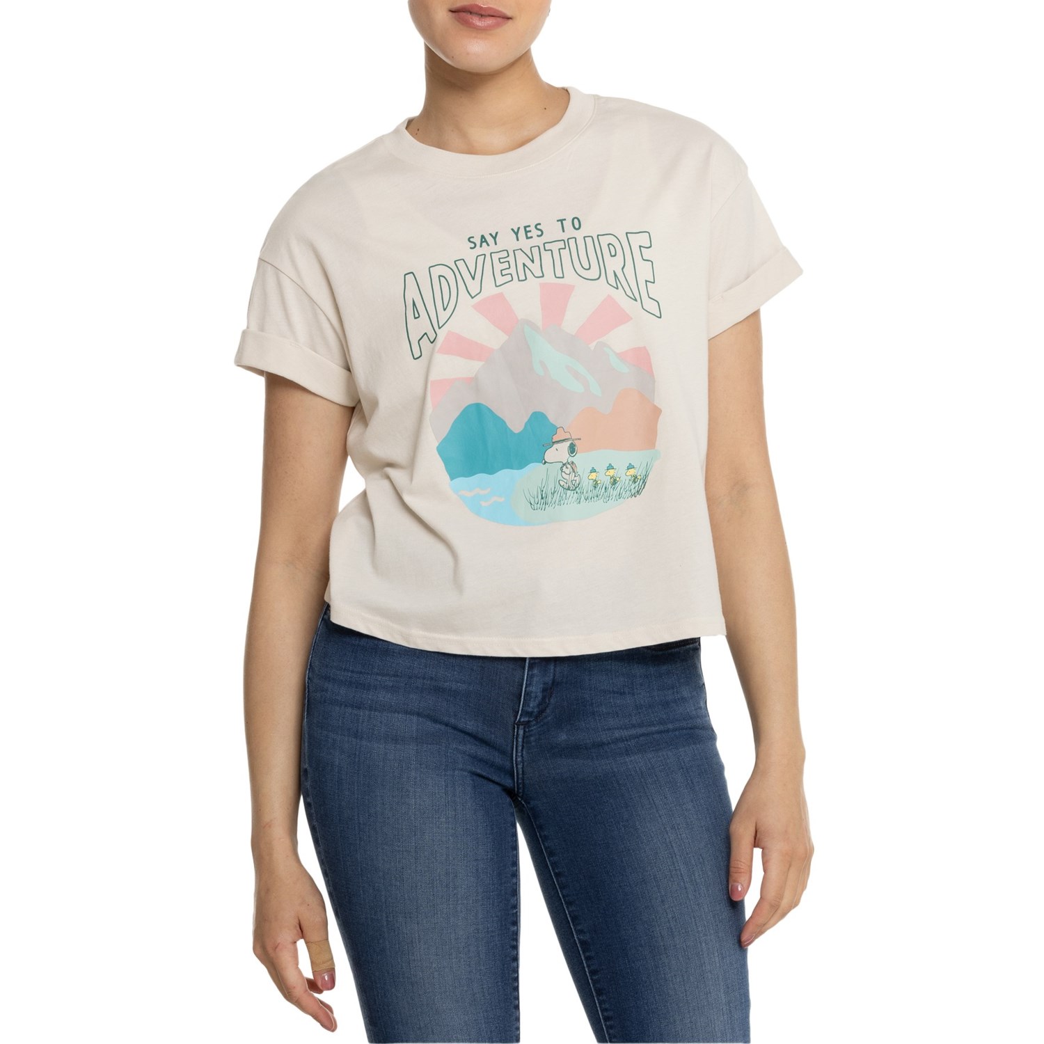 Peanuts Say Yes to Adventure Graphic Crop Shirt - Short Sleeve - Save 41%