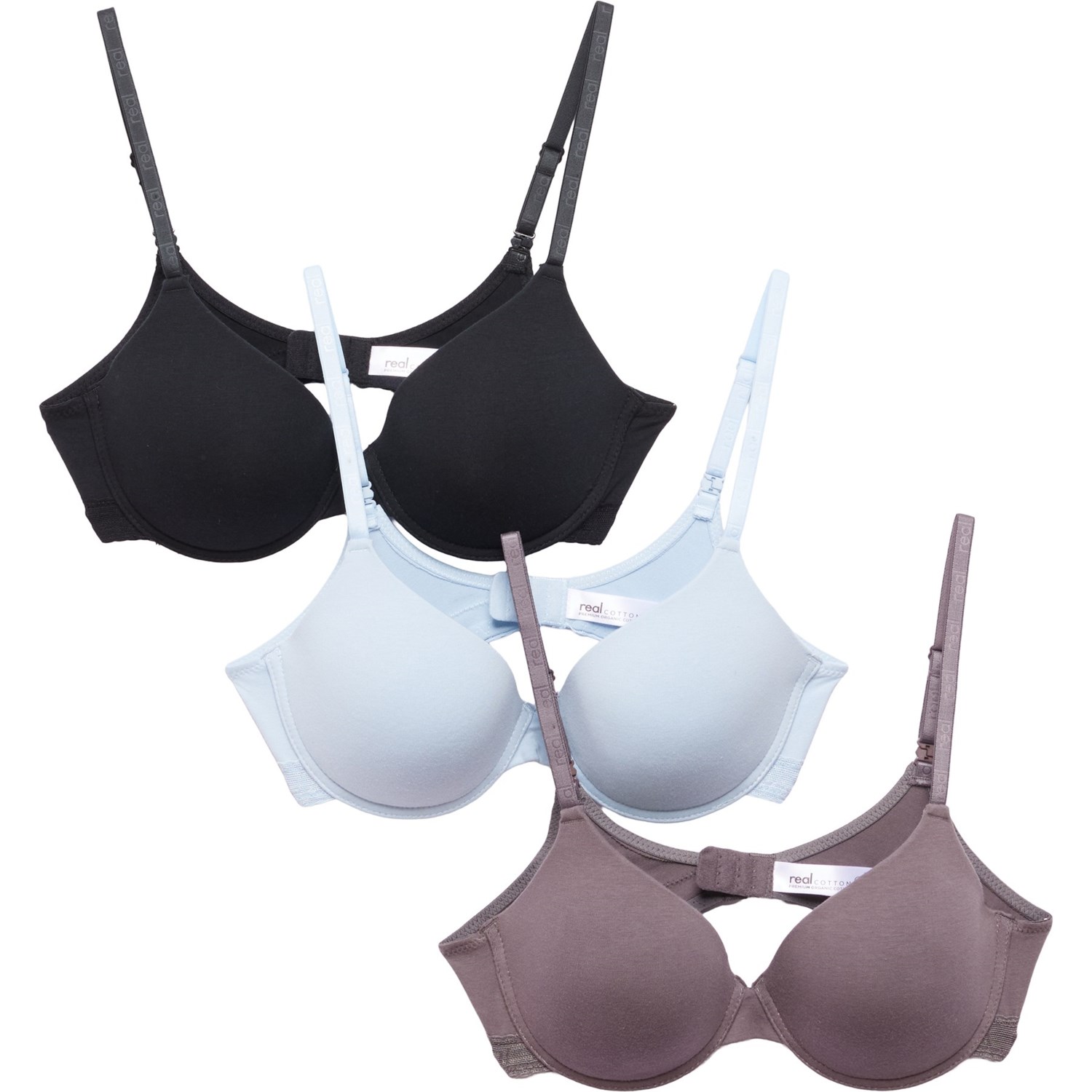 Real Cotton Lace Trim T-Shirt Bra - 3-Pack, Organic Cotton, Underwire ...