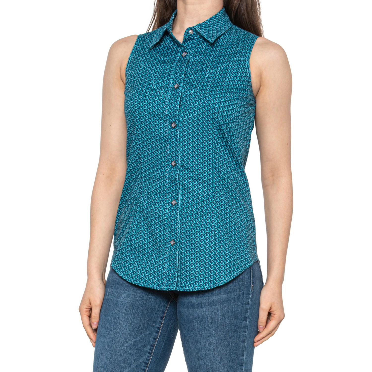 ROCK N ROLL COWGIRL Printed Snap Front Shirt - Sleeveless - Save 45%