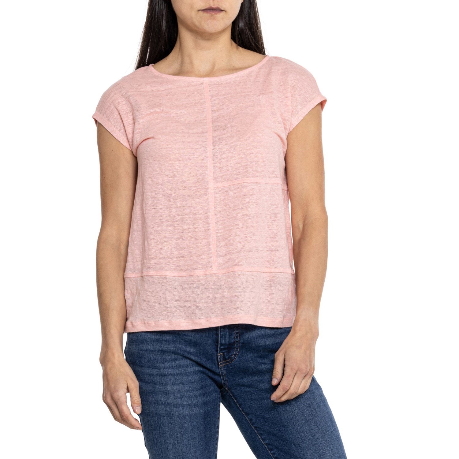 Sigrid Olsen Panelled Boat Neck Solid T-Shirt - Linen, Short Sleeve ...